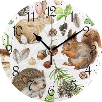 Mnsruu Wanduhr, niedliche Tiere, Eichh&ouml;rnchen, Igel, Pilz, leise, nicht tickend, dekorative Wanduhren, batteriebetrieben, 25 x 25 cm