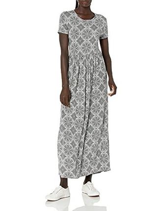 Amazon Essentials Robe Longue Cintrée À Manches Courtes (Grandes Tailles Disponibles) Femme, Gris Chiné Motif À Carreaux, XXL