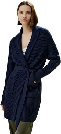 LilySilk Cardigan 100 % laine m&eacute;rinos pour femme avec col ch&acirc;le, devant ouvert et ceinture &agrave; nouer, manches longues, cardigan avec poches, Bleu marine, L