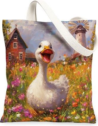 Generic Sac fourre-tout en toile de volaille de canard printanier pour le shopping, 33 x 38,1 cm, sac d&eacute;picerie r&eacute;utilisable pour femme, motif floral, ferme, 
