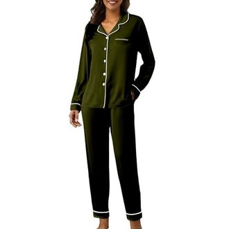 Generic Pyjama long en coton pour femme - Doux - Deux pi&egrave;ces - Manches longues - V&ecirc;tement de d&eacute;tente - Pantalon - Haut - Col en V - V&ecirc;tement de nuit pour le s