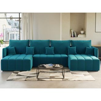 Best Mobilier Petra - wohnlandschaft u-form - 7-sitzer - mit schlaffunktion - mit bettkasten - aus samt - entenblau