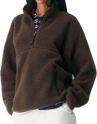 Generic Pull en polaire pour femme, manches longues, demi-fermeture &eacute;clair, sweat-shirt dautomne chaud et tendance avec poches lat&eacute;rales, marron, XXL