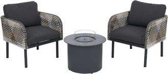 Hhg Poly-Rattan Garnitur HHG-340, Lounge-Set Garten Stuhl, Tischkamin Bioethanol-Fire-Pit Alu Stoff 220g/m&sup2; dunkelgrau