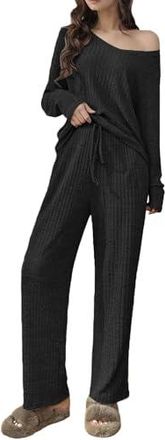 Generico Pyjama pour femme 2 pi&egrave;ces &eacute;l&eacute;gant et c&ocirc;tel&eacute; Ensemble de maison automne &agrave; manches longues et pantalon &agrave; jambes larges, gris, XL