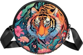 Generic Petit sac &agrave; bandouli&egrave;re rond pour femme, motif fleur de tigre, sac &agrave; dos avec fermeture &eacute;clair, bretelles r&eacute;glables, sac &agrave; main rond d&eacute;contract&eacute; pour 