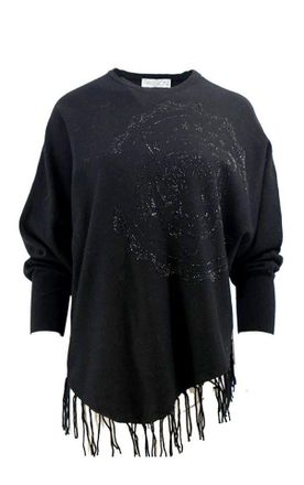 Passioni Strickpullover mit Strassmuster und Fransen