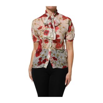 Dolce & Gabbana Femme, Blouses et Chemises, Multicolore, Taille: 32 FR Chemisier &agrave; Imprim&eacute; Floral Coquelicot et Col &agrave; Nouer