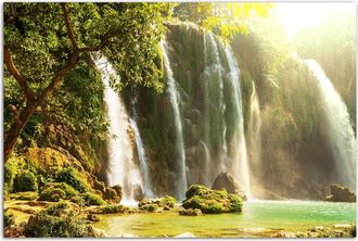 Paul Sinus Art 120x80cm - WANDBILD Vietnam Wasserfall Natur Bäume Moos - Leinwandbild auf Keilrahmen modern stilvoll - Bilder und Dekoration