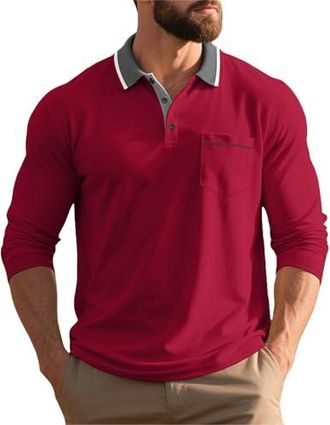 Generic Polo &agrave; manches longues pour homme avec poche en coton boutonn&eacute;e pour affaires et bureau - Pull d&eacute;contract&eacute; 2026, bordeaux, 3XL