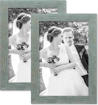 Photolini Bilderrahmen 20x30 cm Holz Blau, 2er Set Echtholz-Rahmen rustikal, Strandhaus, Made in Germany, Echtglas, zum Aufhängen, extra Zubehör - Treibholzlook