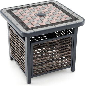 Costway Table de Jardin Carr&eacute;e Plateau en R&eacute;sine 55 cm, Table Basse de Patio en Rotin pe avec Trou pour Parasol Cadre en M&eacute;tal, Table &agrave; Manger dExt&eacute;rieur