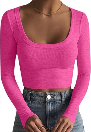 Minetom Damen Langarm T-Shirt mit Quadratischer Ausschnitt Basic Langarmshirt Crop Tops Bauchfrei Oberteile Sweatshirt Pullover Top Herbst Ribbed A Rosa M