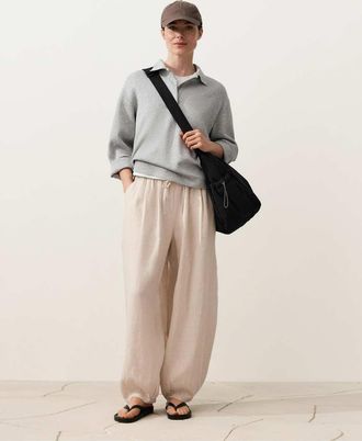 Oysho Plissierte Ballonhose aus 100% Leinen in Sandbeige meliert-Neutral