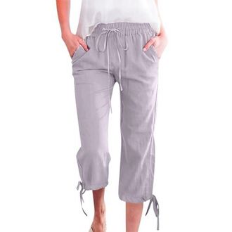 Generic Pantalon 3/4 d&eacute;t&eacute; pour femme - Pantalon en lin pour femme - Pantalon d&eacute;t&eacute; l&eacute;ger avec cordon de serrage - Poches - Taille haute - Pantalon de loisirs -