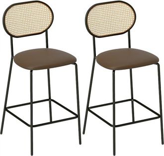 HOMCOM Lot de 2 tabourets de Bar Tabourets de Cuisine Hauts avec Dossier en rotin Si&egrave;ge en rotin Si&egrave;ge en PU Structure en Acier et Repose-Pieds pour Salle &agrave; 