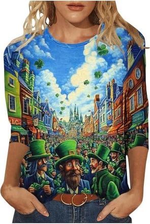 Generic Chemises de la Saint-Patrick pour femme - Manches 3/4 - Motif tr&egrave;fle irlandais - Couleur unie - Haut d&eacute;t&eacute; ample - Col rond, Bleu ciel 6., L