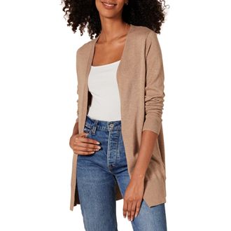 Amazon Essentials Damen Leichte Strickjacke ohne Knöpfe (in Übergröße erhältlich), Kamelbraun Meliert, L