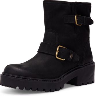 Tommy Hilfiger Damen Mid Boot Stiefel Biker Double Buckle aus Leder, Schwarz (Black), 40