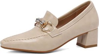 Generic Chaussures Femme Rétro avec Strass Robustes Cuir Simili Mocassins Bout Pointu Talons Carrés Moyens Confortables À Enfiler Soirée Bureau,Beige,42.5 EU