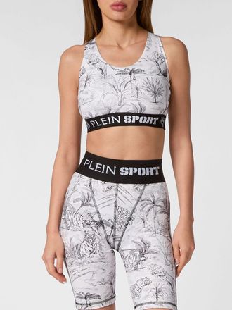 Plein Sport Top de sport court en jersey &agrave; imprim&eacute; tropical avec bretelles crois&eacute;es