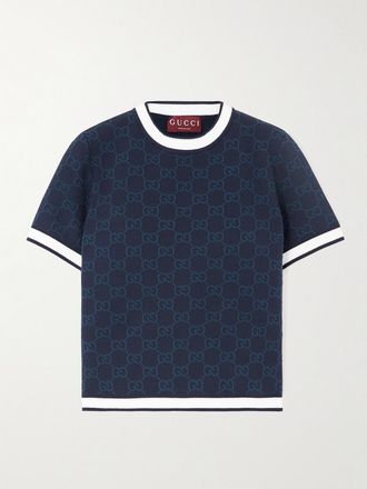 Gucci Verkürzter Pullover Aus Baumwolle In Jacquard-strick - Blau