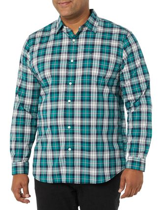 Amazon Essentials Herren Lang&auml;rmeliges Hemd Aus Stretch-Popeline Mit Schlanker Passform, Gr&uuml;nblau Wei&szlig; Karomuster, M