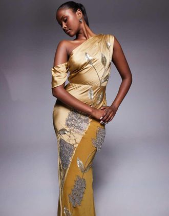 Asos Maxikleid aus Chiffon-Satin-Mix in Ocker mit Blumenverzierung-Gelb