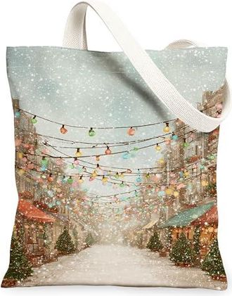 Generic Sacs fourre-tout en toile avec motif lumi&egrave;res de vacances - R&eacute;utilisables - L&eacute;g&egrave;res et lavables - Avec bandouli&egrave;re, bleu ciel, 13x15 Inch