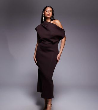 Asos Curve ASOS DESIGN Curve - Midikleid aus neoprenartigem Material in Braun mit auff&auml;lligem Ausschnitt-Brown