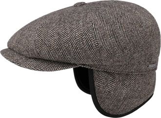 Stetson Hatteras Classic Ear Flaps Flatcap Schirmm&uuml;tze Fischgr&auml;tmuster Wollcap Ohrenschutz Made in EU Herren Herbst Winter Dunkelbraun 61 cm