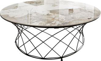 DELIFE Wohnzimmertisch Lassina Keramik Minas Melange Weiß-Beige 100x100 cm Gestell Metall Effektfinish Titan