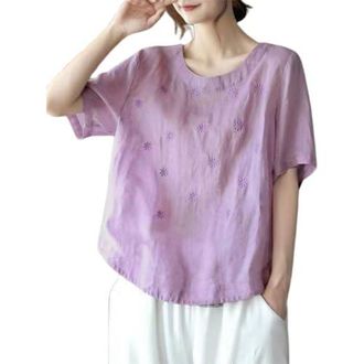 Generic T-shirt d&eacute;t&eacute; pour femme avec broderies et lin d&eacute;contract&eacute; - Design r&eacute;tro litt&eacute;raire - Couleur unie - Manches courtes, lilas, XXL