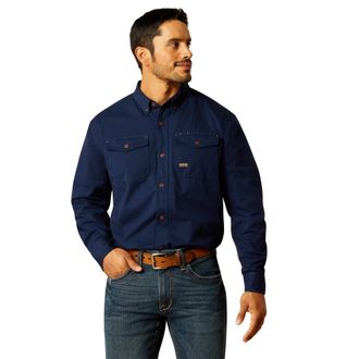 Ariat Mens Rebar Washed Twill Work Shirt Long Sleeve in Navy, Size X-Small, by Ariat