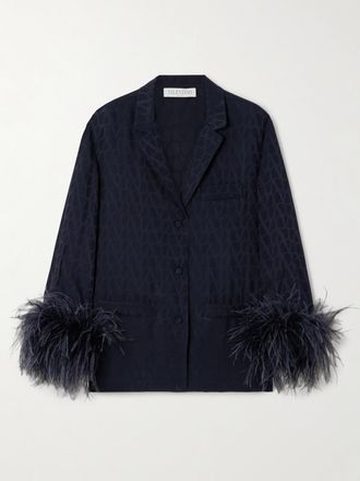 Valentino Garavani Hemd Aus Seidensatin Mit Jacquard-muster Und Federn - Blau