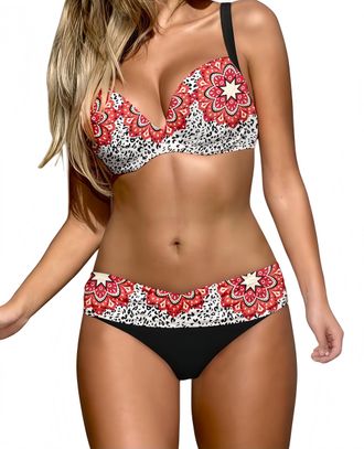 Ocean Plus Damen Gestreiftes Bikini-Set mit Brustpolster Bikinis Push Up mit B&uuml;gel Zweiteiliger Bademode (XXL (EU 52-54), Blumen)
