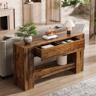 Tribesigns Tribesigns - Table console marron 140 x 30 x 84,5 cm - 2 tiroirs coulissants - Plateau MDF renforc&eacute; 4,5 cm - Profondeur r&eacute;duite pour petits espaces