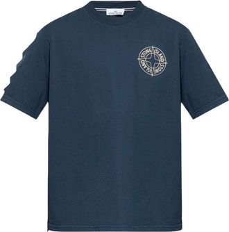 Stone Island Homme, Tops, Bleu, Taille: L All Around Compass Print Cotton Jersey T-Shirt