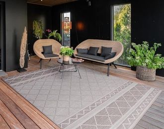 Paco Home Tapis Intérieur & Extérieur Balcon Terrasse Cuisine Motif Ethnique Boho Moderne, Dimension:160 cm Rond, Couleur:Beige 4