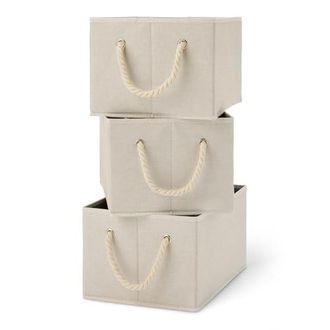 Amazon Basics Lot de 3 bacs de rangement pliables avec poignées en corde, lin, Taille L