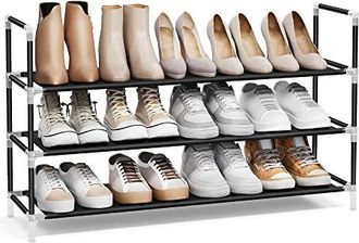 Songmics Schuhregal mit 3 Ebenen, Standregal, Schuhaufbewahrung, platzsparend, Metallrahmen, Vliesstoff, für Wohnzimmer, Eingang, Flur und Garderobe, schwarz L