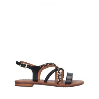 Geox D Sozy S Flat Sandal, Black/LT Gold, 38.5 EU