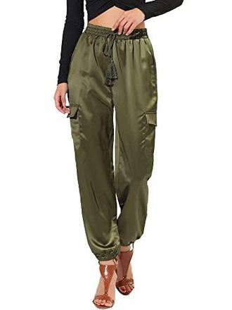 Allegra K Pantalon Cargo &eacute;lastique Taille Haute en Satin Soyeux avec Cordon de Serrage pour Femmes Arm&eacute;e Verte L