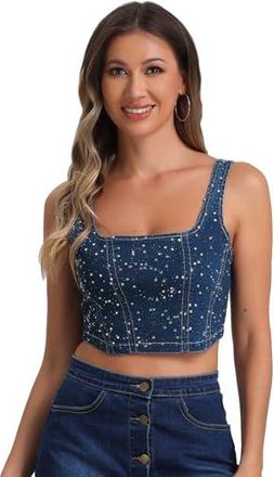 Allegra K Hauts Corset en Jean pour Femmes sans Manches Tank Tops D&eacute;bardeur Court en Denim Bleu Moyen XL
