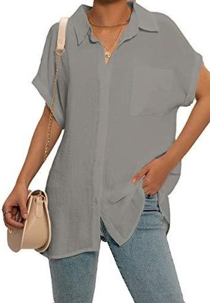 Onsoyours Chemisier Chic Femme en Coton et Lin Chemise de Poche OL Casual Loose Tops Blouse B Gris 44