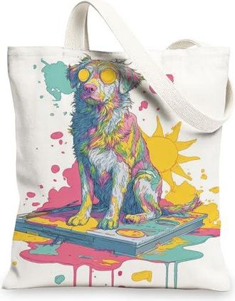 Generic Sacs fourre-tout en toile colorés, motif animal artistique, sacs dépicerie réutilisables, légers et lavables avec bandoulière, blanc, 13x15 Inch