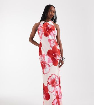 Vero Moda Tall &Auml;rmelloses Satin-Midikleid in Hellrosa mit R&uuml;ckenausschnitt und &uuml;bergro&szlig;em Blumenmuster