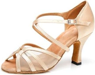 MGM-Joymod Chaussures de Danse Latine Moderne en Maille à Paillettes pour Femme,L359 Beige de 8cm Talon,40.5 EU