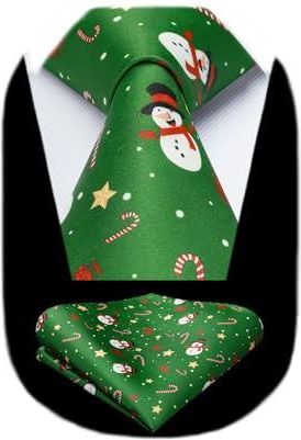 Hisdern Cravate Homme de Noël Vert Cravates et Pochette Set à Motif Bonhomme de Noël de Dîner Fete