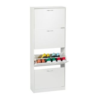 Relaxdays Schuhschrank, HxBxT: 152 x 60 x 24 cm, für 24 Paar, 4 Klappen, schmaler Schuhkipper, Flur Schuhkommode, weiß